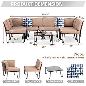 UDPATIO 7 Pieces Outdoor Patio Furniture Set, PE Rattan Wicker Sofa Set, Outdoor Sectional Couch Patio Conversation Set with Washable Olefin Cushions and Coffee Table, Brown