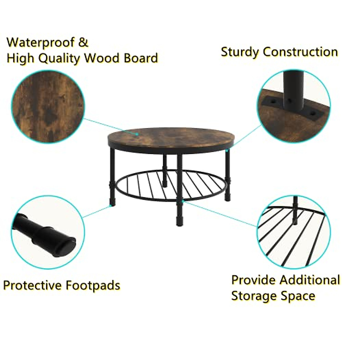 CADMIC 31.5" Round Industrial Coffee Table for Living Room
