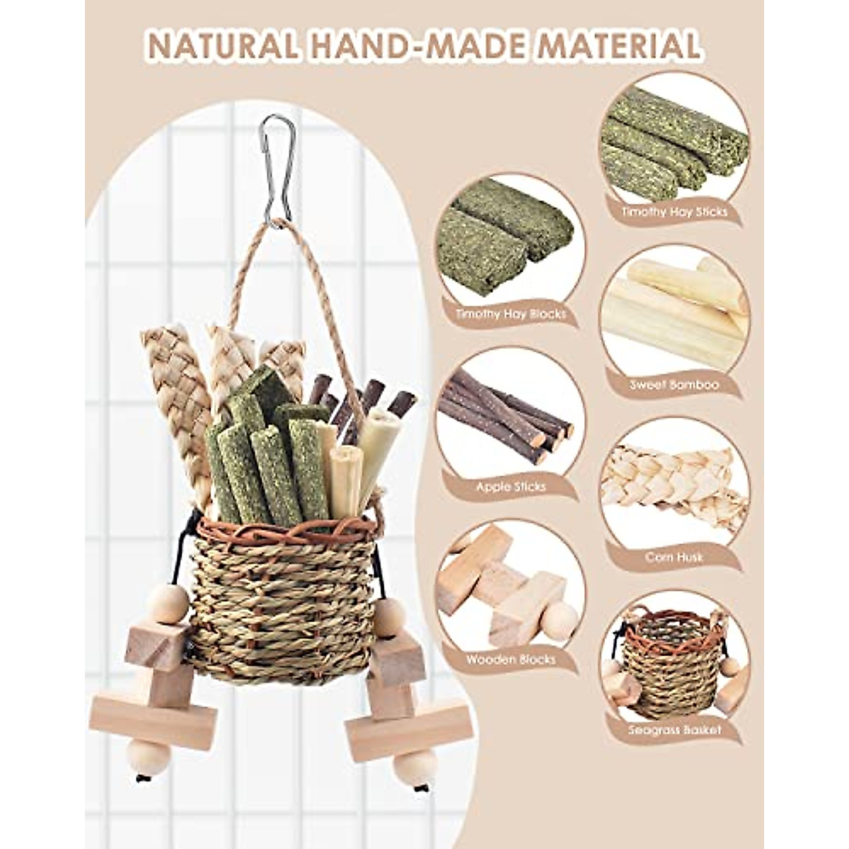 Bissap Rabbit Chew Toys, Natural Seagrass Hanging Basket Chews Water Plant Woven Bunny Chewing Treats for Guinea Pigs Chinchillas Hamsters Rats and Other Small Pets Teeth Grinding Toy