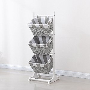 3-Tier Floor Stand with Water Hyacinth Storage Baskets,with Market Basket Storage Bins-Vertical Standing Rack for Living Room,Laundry, Bedroom, Bathroom,Office Organization(Three layers, White+Gray)