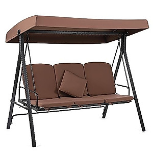 STMHOM 3-Seat Extended Outdoor Swing,Patio Swing Chair with Canopy,Swing Chairs for Outside,Porch Swings Bed Outdoor with Stand,Adjustable Shade, Removable Cushions,Backyard Swing,Garden Swing,Brown