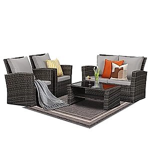 Solaste 4 Piece Patio Furniture Set, Outdoor Conversation Set, Wicker Rattan Sectional Sofa with Tempered Glass Coffee Table, Cushions for Balcony, Backyard, Front Porch, Garden, Grey