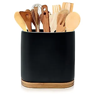 VIREESR Large Ceramic Utensil Holder for Countertop,Kitchen Utensil Holder with Bamboo Wooden Base,Cooking Utensil Holder,Easy to Clean,Tool Crock,Kitchen Tool Holder for Spatulas and Spoons(Black)