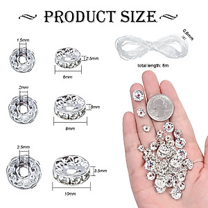 TOAOB 200pcs Rondelle Spacer Beads 6mm 8mm 10mm Round Crystal Czech Loose Spacer Beads Silver Rhinestone Charms Beads with Elastic String for DIY Crafts Jewelry Making Necklace Bracelet