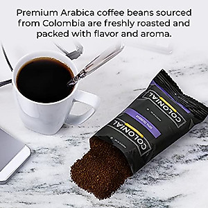 Colonial Coffee Packets, Pre Ground Coffee Packs, Colombian Medium Roast, Bulk Bags for Drip Coffee Makers, (2.5 oz Bags, Pack of 100)
