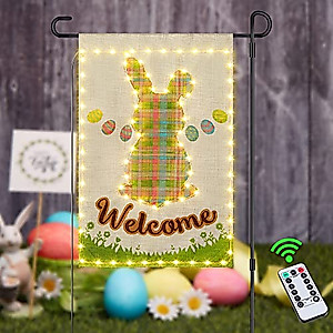 Easter Garden Flag with LED string lights 12x18 Inch Double Sided Waterproof 8 Modes Lighted Garden Flag Bunny Eggs Vertical Burlap Spring Garden Flags for Lawn Yard Decoration