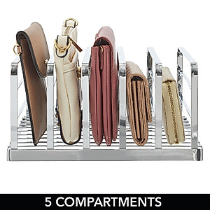 mDesign Metal Divided Stackable Purse Organizer for Closets, Bedrooms, Dressers, Shelves - Closet Shelf Storage Solution for Purses, Clutches, Wallets, Accessories - 5 Sections - Chrome