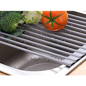 SCOLEA Roll Up Dish Drying Rack Over The Sink, Medium 17.1”x13.1” Heavy Duty, Multipurpose Roll-Up Foldable Silicone Coated Collapsible Drainer for Kitchen Sink (Warm Gray, Medium 17.1”x13.1”)