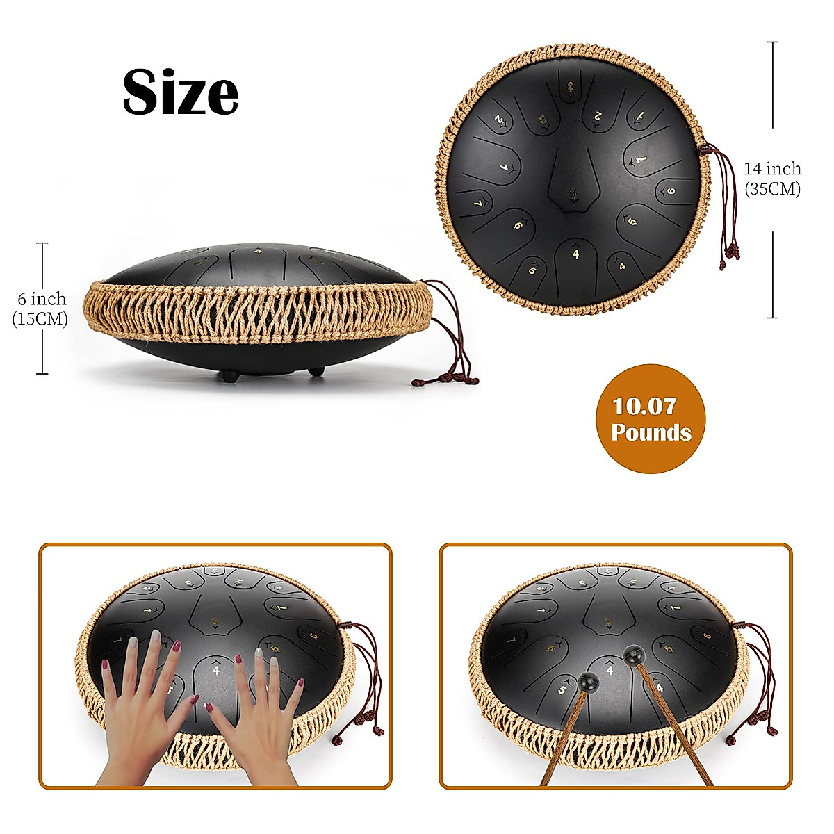 ChunFeng Steel Tongue Drum 14 Inch 15 Notes C-Key Healing Drum , Gift For All Ages ,Pure Sound Quality ,With Drum Mallets ,Carry Bag, Palm Set, Sheet Music (YH-06)