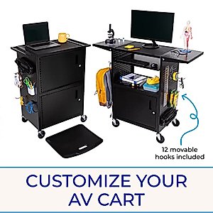 Line Leader Stellar AV Cart | Computer Cart with Pegboard Siding & 12 Hooks for Customizable Storage | Locking Cabinet & Pullout Keyboard Tray | UL Safety Certified Power Outlets | Locking Wheels 