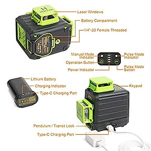 Huepar 3D Cross Line Self-leveling Laser Level 3 x 360 Green Beam Three-Plane Leveling and Alignment Laser Tool, Li-ion Battery with Type-C Charging Port & Hard Carry Case Included - B03CG Pro