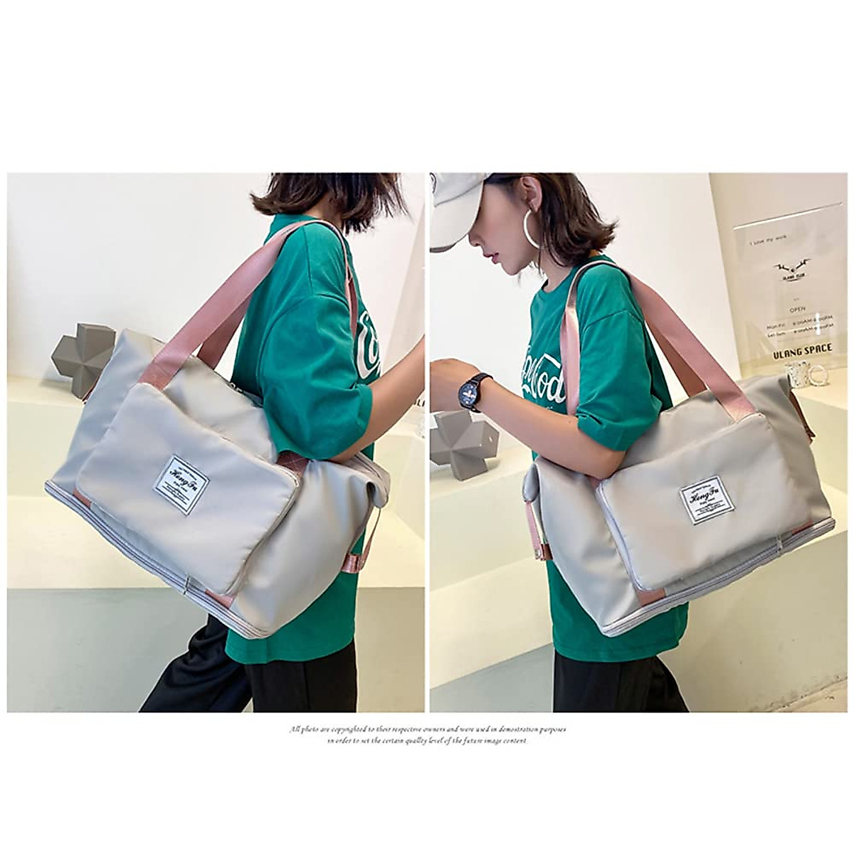 holygloomy Large Capacity Folding Travel Bag, Dry&Wet Separation Handle Shoulder Bag Women Storage Lightweight Waterproof Foldable Carry Luggage for Sports, Gym, Vacation, Grey Pink, 42x28x22cm