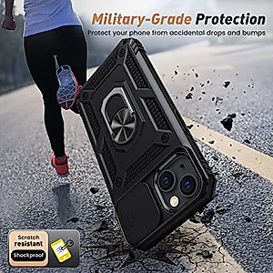 Goton Armor Case for iPhone 14 Case & iPhone 13 Case with Slide Camera Cover & Kickstand, Heavy Duty Military Grade Protection Phone Case, Built-in Rotate Ring Stand, Shockproof Rugged Case Black