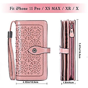 HUANLANG Women Wallets Large Ladies Leather Wallet with Coin Pocket RFID Wallet Organizer for Women with Wrist Strap (Pink)