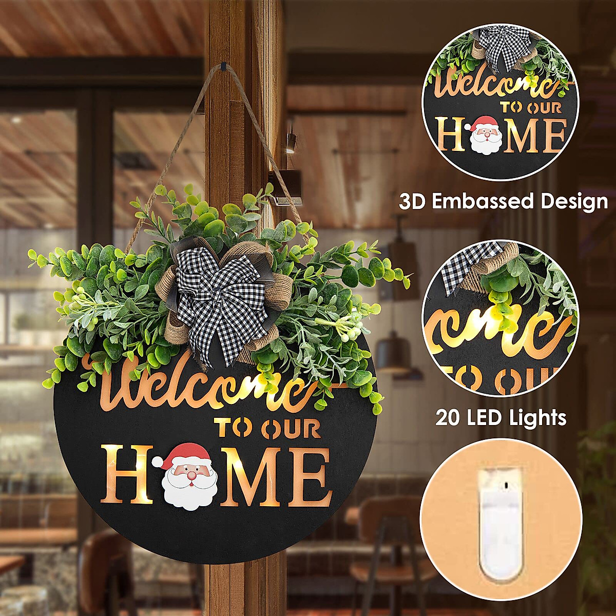 Interchangeable Welcome Sign Front Door Decor,WinGaYe Spring Summer Wood Wreath with 15 pcs Holiday Icons,All Seasons Welcome Wreath Porch Hanging Decoration with Lights for Home Farmhouse