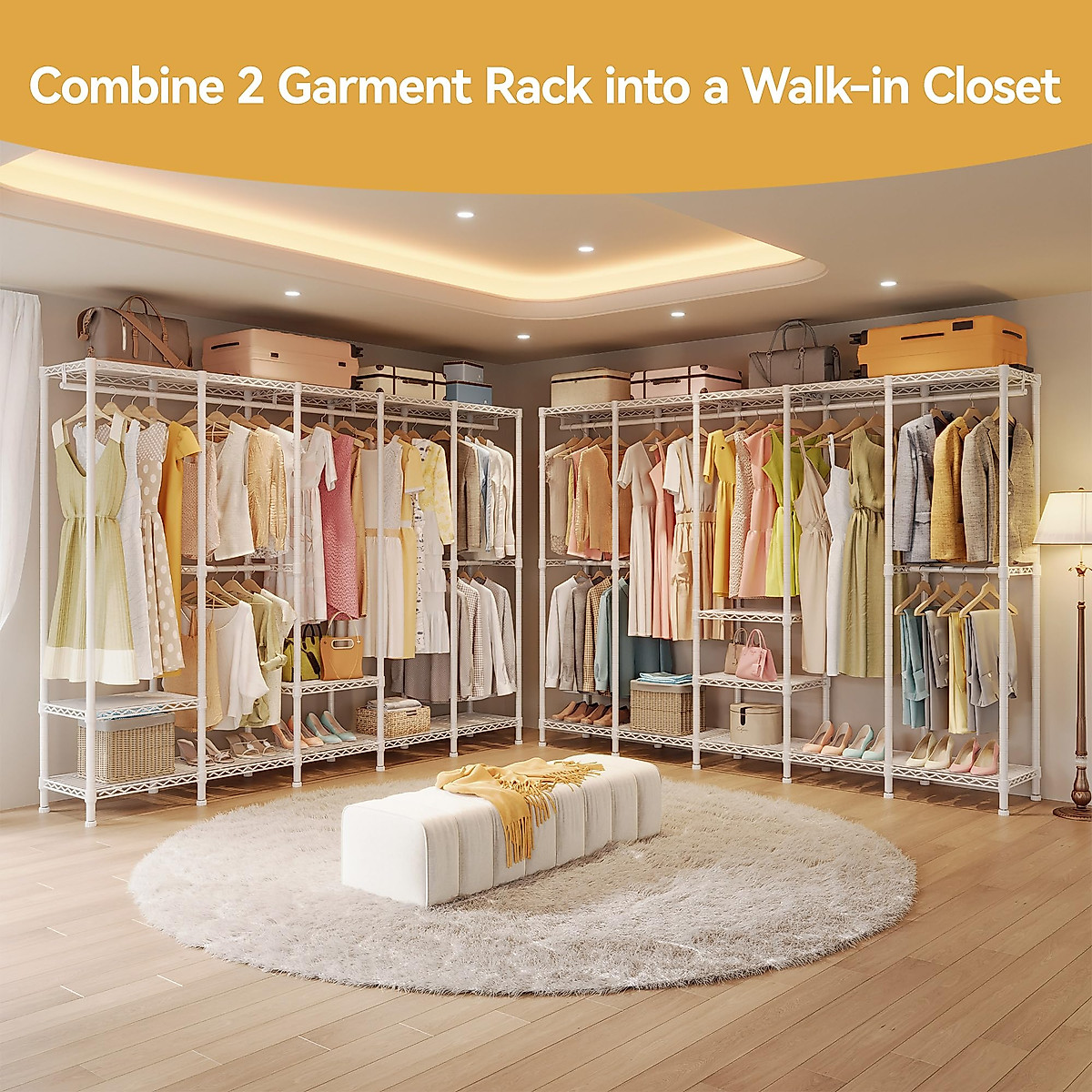 Higeego H5 Extra Large Heavy Duty Clothes Rack, Wire Garment Rack,Large Wardrobe Closet, Freestanding Closet Rack for Hanging Clothes, Clothing Rack with Adjustable Shelf, 93.3" Lx15.7 Wx75.4 H,White