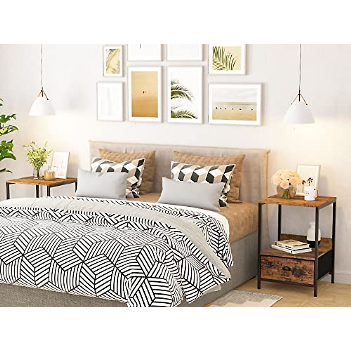 Furologee Set of 2 Nightstand with Drawer, End Table with Storage Shelf, Industrial Side Sofa Table, Bedside Accent Furniture Metal Frame Easy Assembly for Living Room/Bedroom/Hallway, Rustic Brown