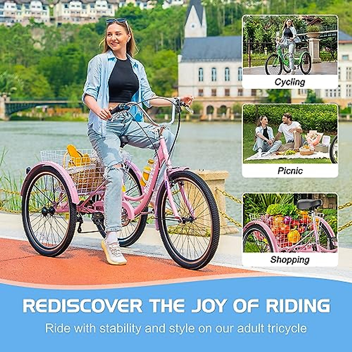 Slsy Adult Tricycles 7 Speed, Adult Trikes 20/24/26 inch 3 Wheel Bikes, Three-Wheeled Bicycles Cruise Trike with Shopping Basket for Seniors, Women, Men.