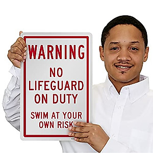 SmartSign-K-8181-PL "Warning - No Lifeguard On Duty, Swim At Your Own Risk" Sign | 10" x 15" Plastic , Red on White