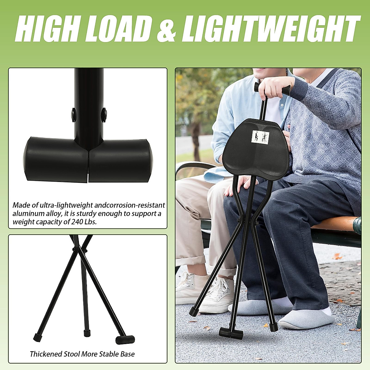 Walking Cane Chair, Walking Stick, Portable Folding Cane with Seat is 34 Inches Tall, Supports up to 240 Pounds, Anti-Slip Lightweight Walking Stick for Seniors (Black)