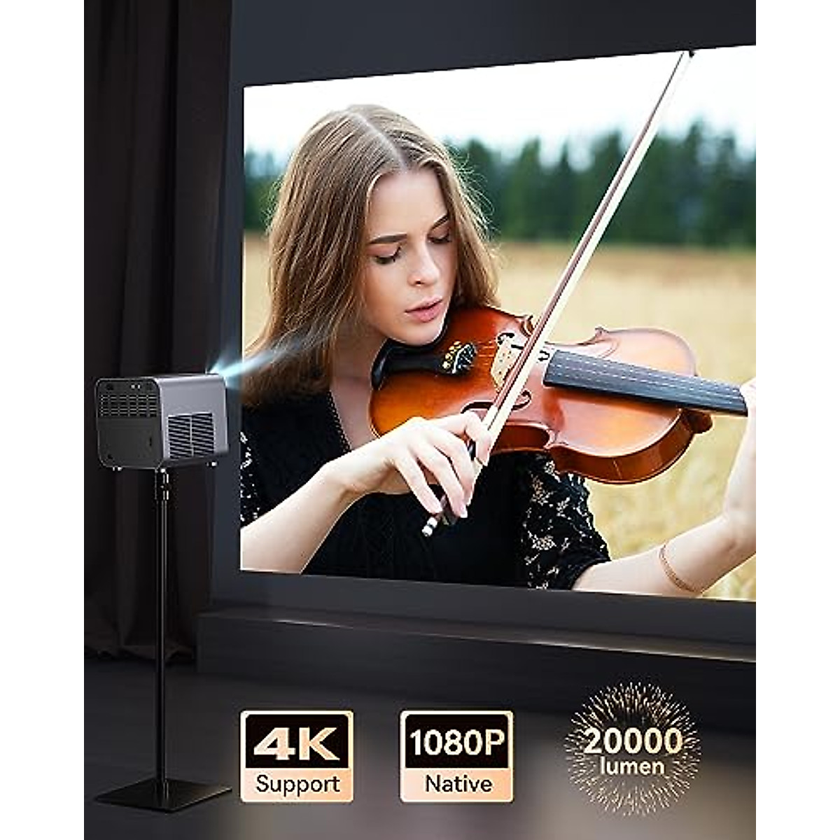 Projector 4K with WiFi and Bluetooth, SUREWHEEL Auto Focus 20000Lumens 800ANSI Outdoor Movie Projector, Native 1080P Portable Projector, 50% Zoom Home Theater Proyector for iOS/Android/TV Srick/PC