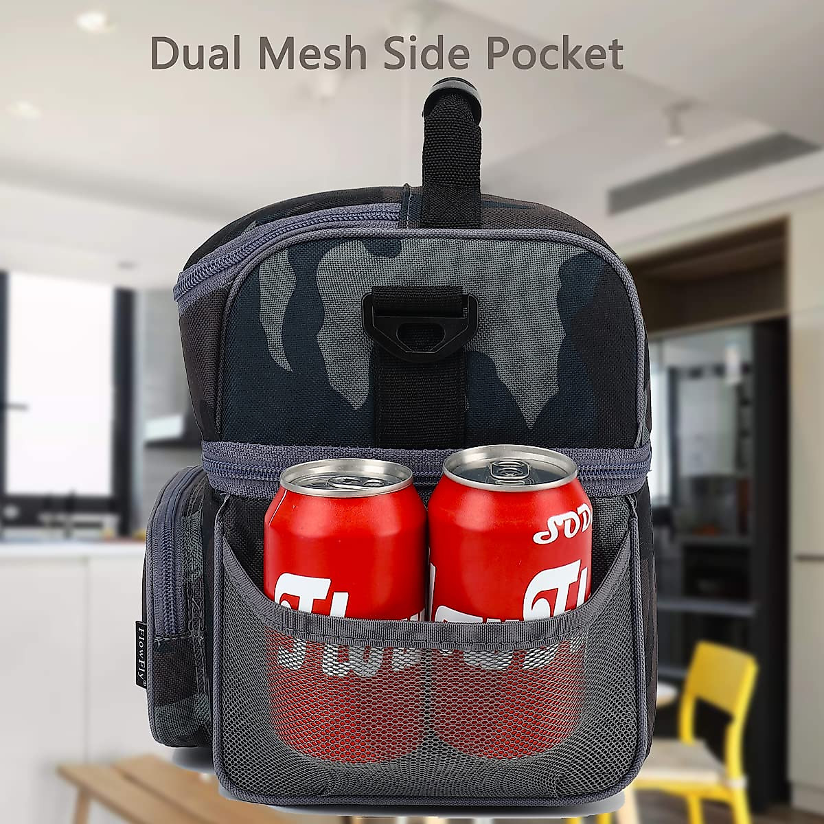 FlowFly Double Layer Cooler Insulated Lunch Bag Adult Lunch Box Large Tote Bag for Men, Women, With Adjustable Strap,Front Pocket and Dual Large Mesh Side Pockets,Black Camo