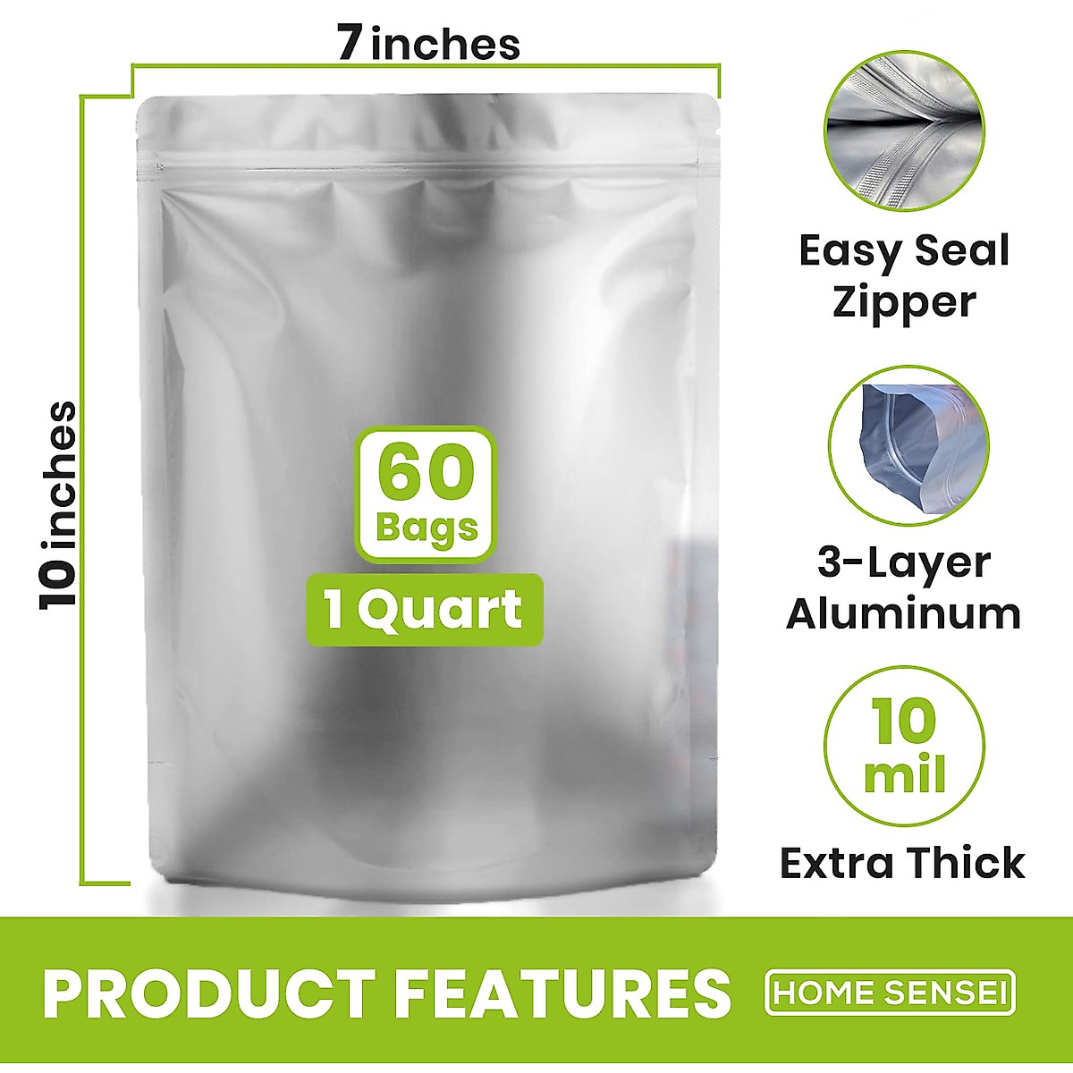 60pcs 1 Quart Mylar Bags for Food Storage - ExtraThick 10 Mil - Smell Proof Mylar bags 1 Quart - Stand-Up Zipper Pouches 7" x 10" - Small Mylar Bags for Food Storage - Heat Sealable