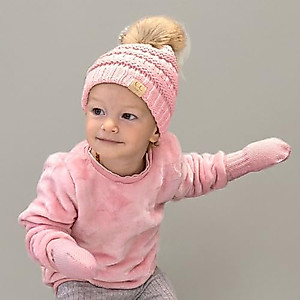 C.C Babies' Winter Cable Knit Beanie and Fuzzy Lined Mitten Set, Faux Fur Pom Pale Pink