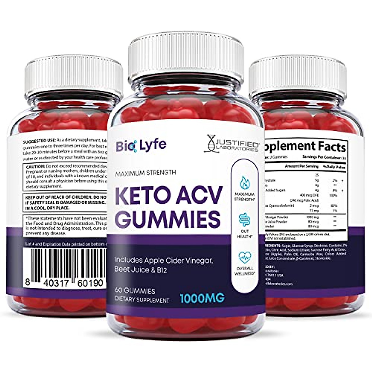 Justified Laboratories Bio Lyfe Keto ACV Gummies 1000MG with Pomegranate Juice Beet Root B12 60 Gummys