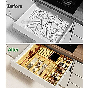 Delamu Expandable Silverware Organizer with Cutlery Organizer in Drawer, Flatware Utensil Organizer with Knife Organizer, Bamboo Kitchen Drawer Organizer for Large Utensils, Silverware Tray for Drawer