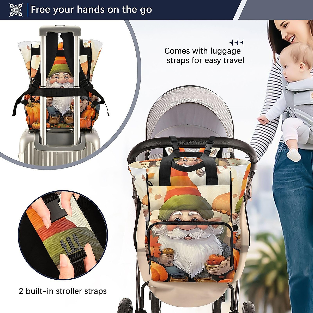 xigua Autumn Gnome Diaper Bag Backpack Multi Function Baby Changing Bags Waterproof Large Capacity Travel Back Pack for Mom Dad