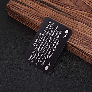 Personalized Engraved Message Wallet Card Inserts Customized for Son from Mom - I Love You - Birthday Christmas Graduation Deployment - Unique Custom Metal Cards for Him from Mother