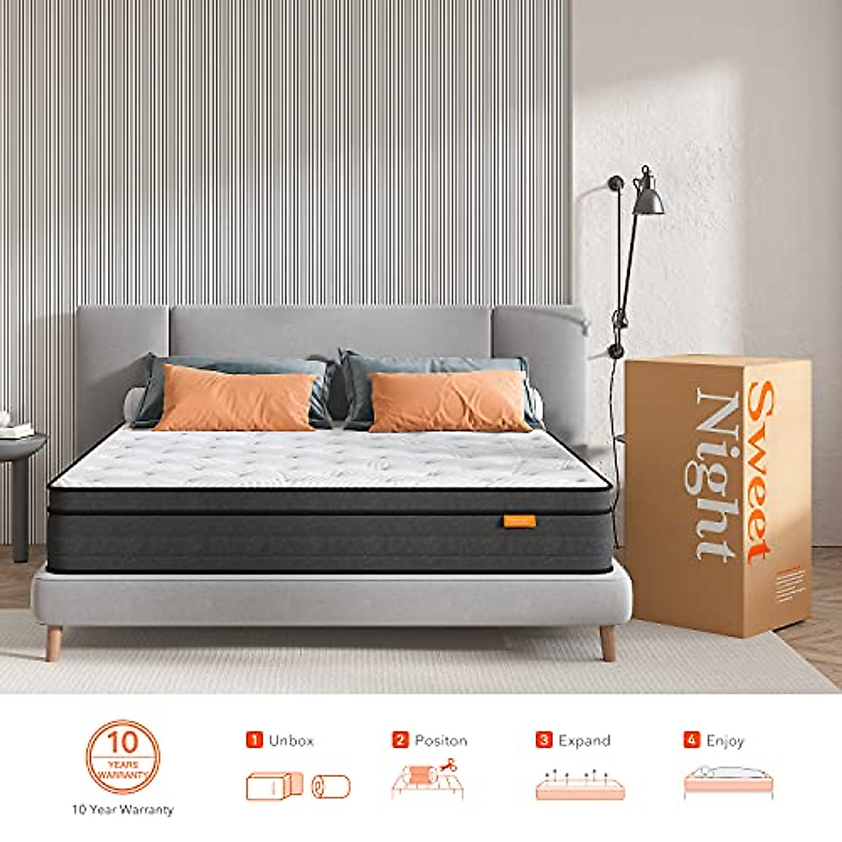 Sweetnight King Mattress, 10 Inch Pillow Top Hybrid King Size Mattress, Gel Memory Foam with Pocketed Spring Mattress in a Box for Cool Sleep and Balance Support