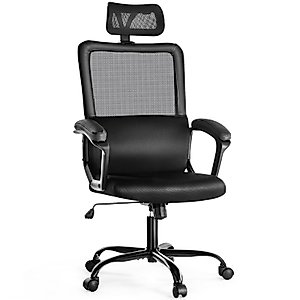 NEWBULIG Desk Ergonomic Office High Back Computer Adjustable Headrest Mesh Task Chair with Lumbar Support/Padded Armrests/Tilt Function, Black
