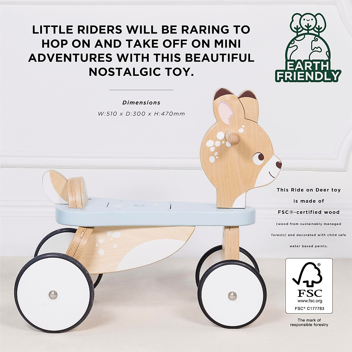 Le Toy Van - Petilou Wooden Ride On Deer Push Along Toy for Toddlers | Suitable for Boy Or Girl 1 Year Old +, Small