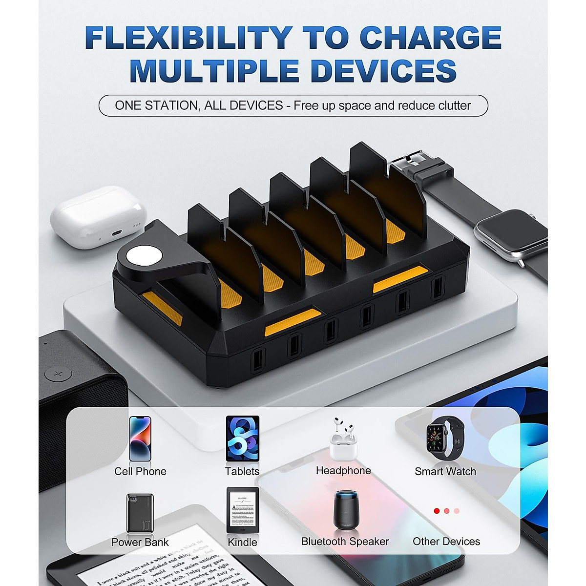 Charging Station for Multiple Devices, Honcila 6 in 1 Multi Charger Station Charging Dock for Cellphone Tablet iPhone iPad and More - 50W Charging Station Organizer with 6 Mixed Charging Cables