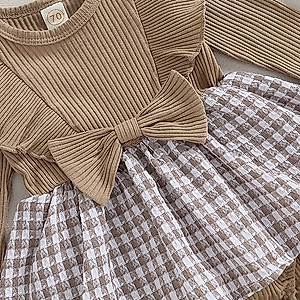 Mialoley Baby Girl Knit 2 Piece Sets Ribbed Long Sleeve Ruffles Bowknot Decor Houndstooth Print Romper Dress with Headband (Brown, 12-18 Months)