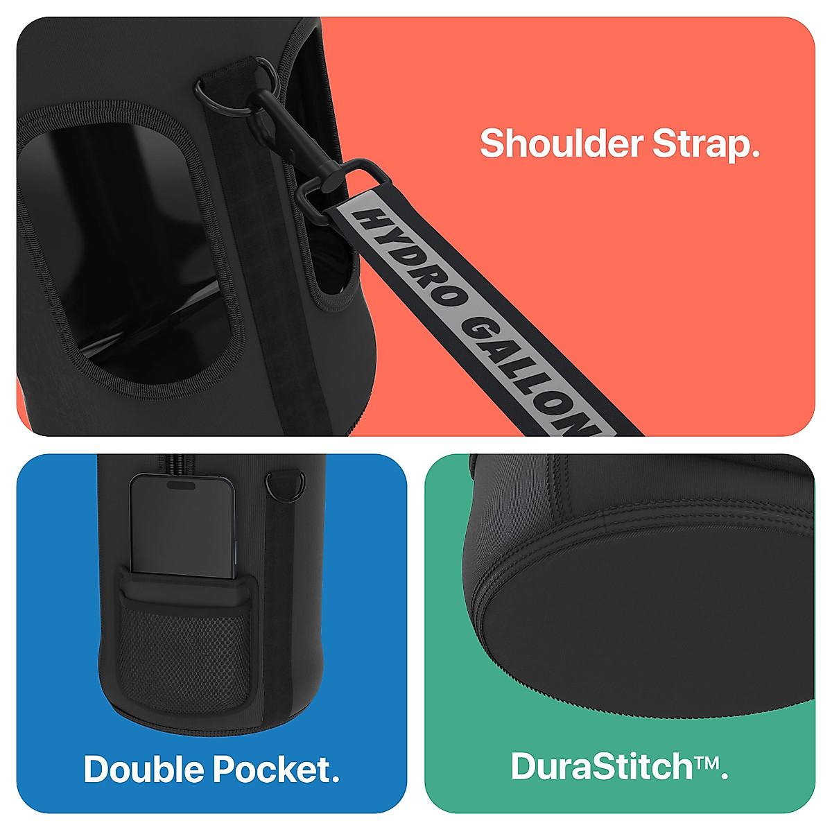Hydro Gallon® - 1 Gallon Water Bottle Jug with Insulated Sleeve and Straw Lid, Handle, Time Marker, Pocket, Shoulder Strap. Daily Intake Leakproof BPA free Large Big Bottle Men. 128oz (Black)
