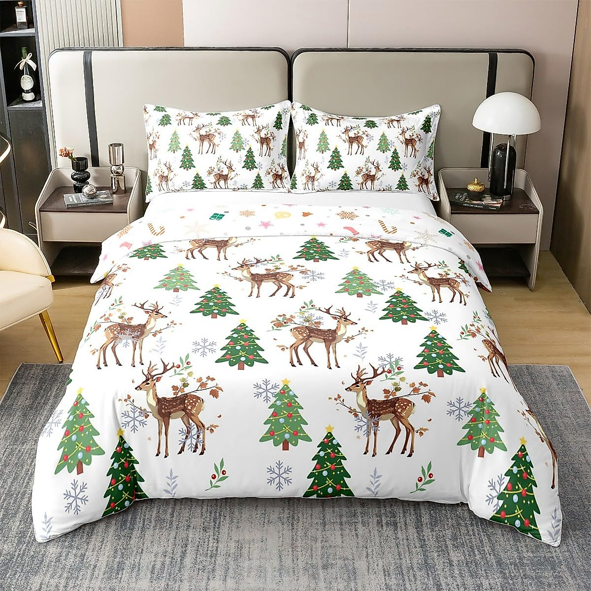 Erosebridal Christmas 100% Cotton Duvet Cover Queen,Cartoon Xmas Deer Bedding for Kids Boys Girls,Snowflake Bells Elk Antlers Comforter Cover Bedroom Decor,Jungle Animal Bed Sets with 2 Pillowcases