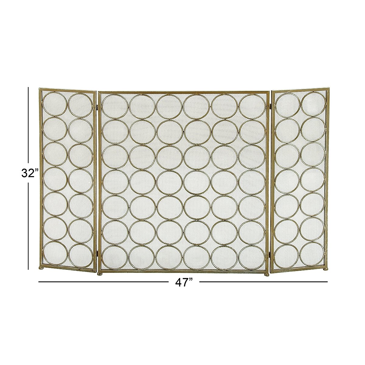 Deco 79 Metal Geometric Foldable Mesh Netting 3 Panel Fireplace Screen with Circle Pattern, 47" x 1" x 32", Brass