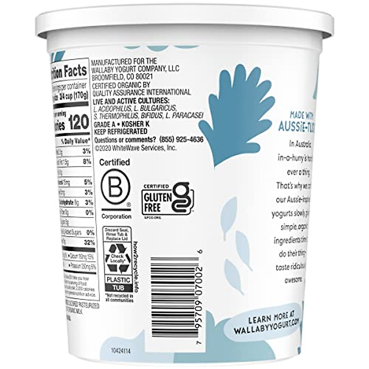 Wallaby Organic Aussie Greek Low Fat Yogurt, Plain, 32 oz. USDA Organic