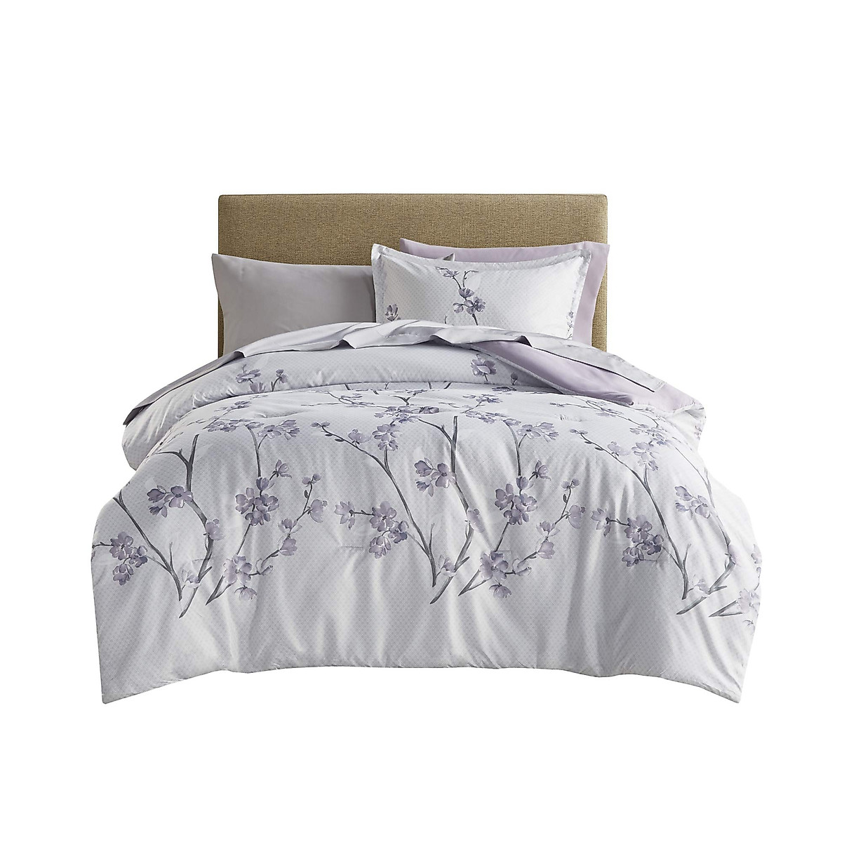 Comfort Spaces Bed in A Bag - Trendy Casual Design Cozy Comforter with Complete Sheet Set with Side Pocket, All Season Cover, Matching Shams Twin XL(66 in x 90 in), Kate, Grey/Purple 6 Piece