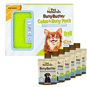 Pet Naturals Calm and Busy Pack with 6 Pouches of BusyButter Calming Peanut Butter and Premium Lick Mat with Suction Cups