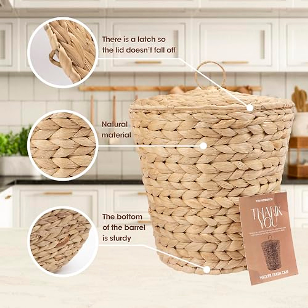 TREVIETDECOR Wicker Trash Can with Lid | Wicker Trash Basket | Wicker Waste Basket for Bathroom, Bedroom, Kitchen, Living Room