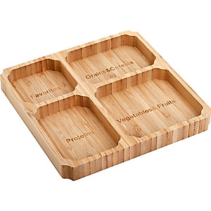 Lawei Bamboo Portion Control Plate, 4 Section Square Dinner Plate Divided Plate, Healthy Diet Ratio Control Platters, Healthy Nutrition Plate for Balanced Eating, Wood Serving Tray