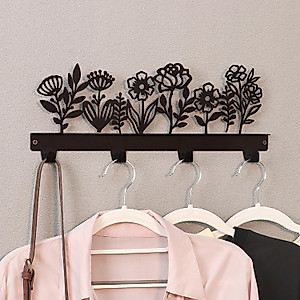 Wall Mounted Metal Towel Rack with 4 Hooks Black Metal Towel Holder for Bathroom Space Saving, Waterproof Rustproof Easy Install Bathroom Decor Towel Hanger Organizer(Flower) (Stylish 01)
