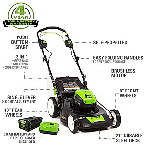 Greenworks Pro 21-Inch 80V Self-Propelled Cordless Lawn Mower, 5Ah Battery Included MO80L510 , Black, Green