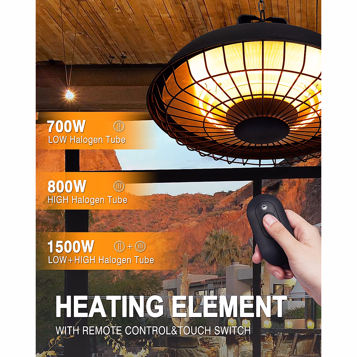 Star Patio Electric Patio Heater, Outdoor Ceiling Heater With Remote Control & Touch Switch, 700/800/1500W Hanging Patio Heater With UFO Shape Sandy Black, Infrared Heater, IP44 Waterproof, STP2036-B