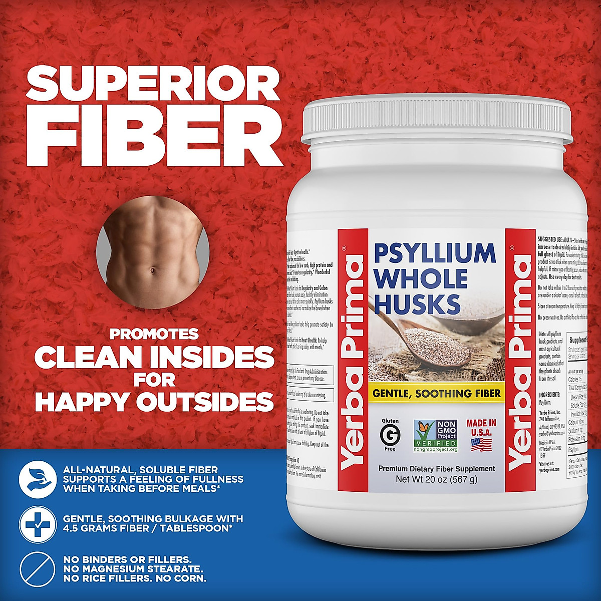 Yerba Prima Psyllium Whole Husks Fiber Supplement - Colon Cleanse - Gut Health - Vegan Non-GMO Gluten Free - 20oz