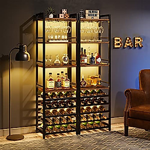 LITTLE TREE Wine Rack Freestanding Floor, 9 Tier Wine Bar Cabinet for Liquor and Glasses Storage, Wine Bottle Holder Shelf for Home Kitchen Dining Room, Rustic Brown (20 Bottle)